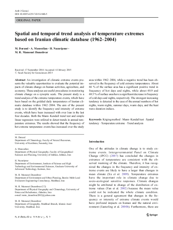 (PDF) Spatial and temporal trend analysis of temperature extremes based ...
