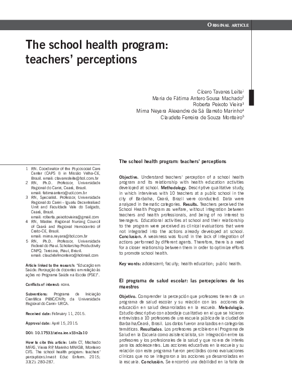 (PDF) The school health program: teachers’ perceptions