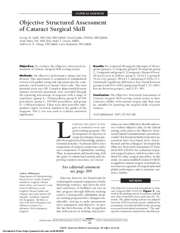 (PDF) Objective Structured Assessment of Cataract Surgical Skill