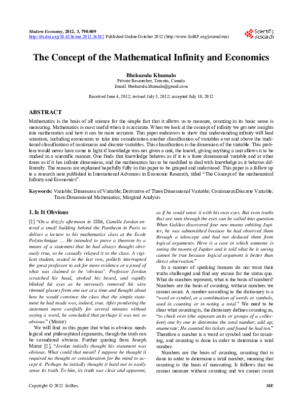 (PDF) The Concept of the Mathematical Infinity and Economics