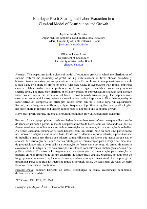 (PDF) Employee Profit-sharing and Labor Extraction in a Classical Model ...