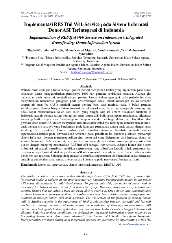 (PDF) Implementation of RESTful Web Service on Indonesian’s Integrated Breastfeeding Donor ...