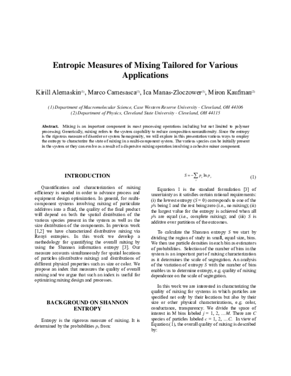 (PDF) Entropic Measures of Mixing Tailored for Various Applications | Ica Manas-Zloczower ...