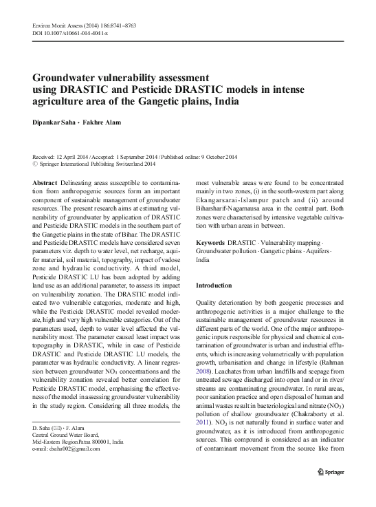 Pdf Groundwater Vulnerability Assessment Using Drastic And Pesticide Drastic Models In Intense