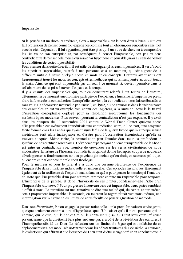 (PDF) Impensable (entrée de l'Abécédaire de la connaissance sensible en ...