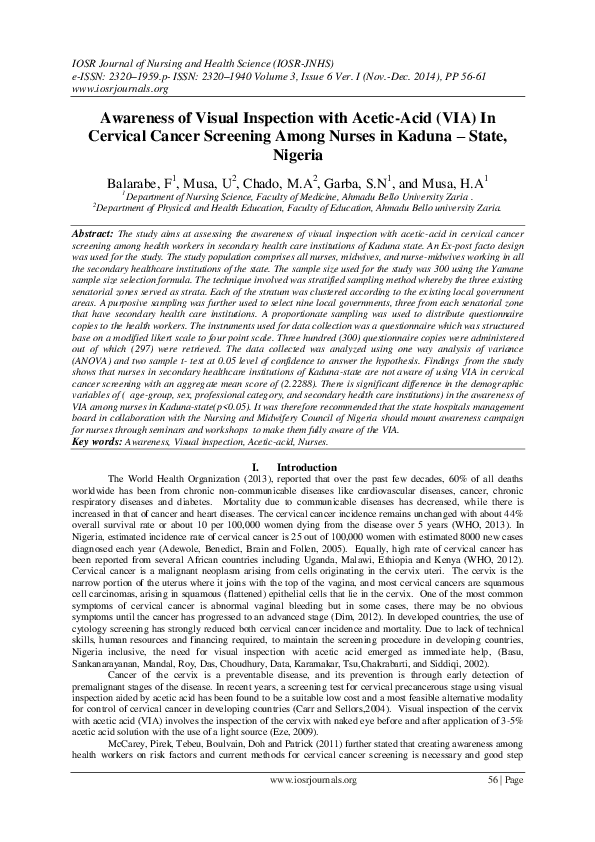 (PDF) Awareness of Visual Inspection with Acetic-Acid (VIA) In Cervical ...