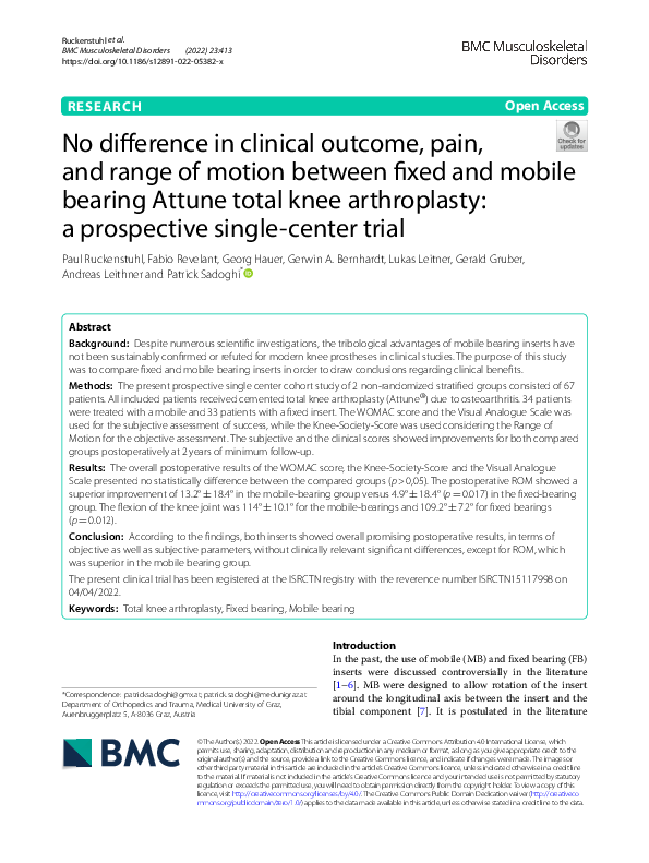 (PDF) No difference in clinical outcome, pain, and range of motion between fixed and mobile ...