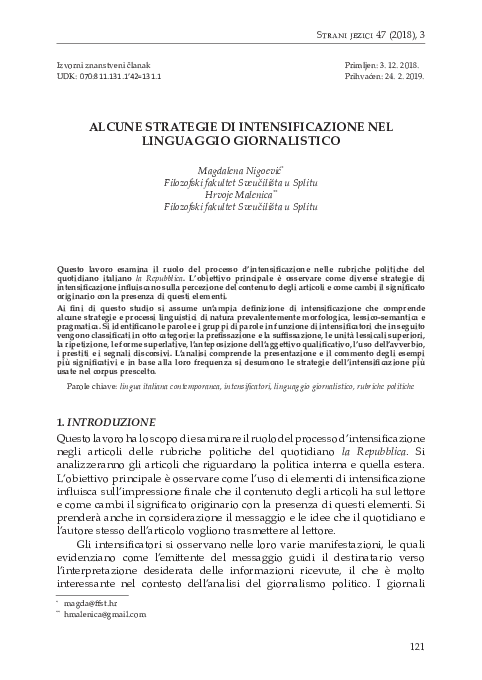 (PDF) Alcune strategie di intensificazione nel linguaggio giornalistico (PDF) Alcune strategie di intensificazione nel linguaggio giornalistico