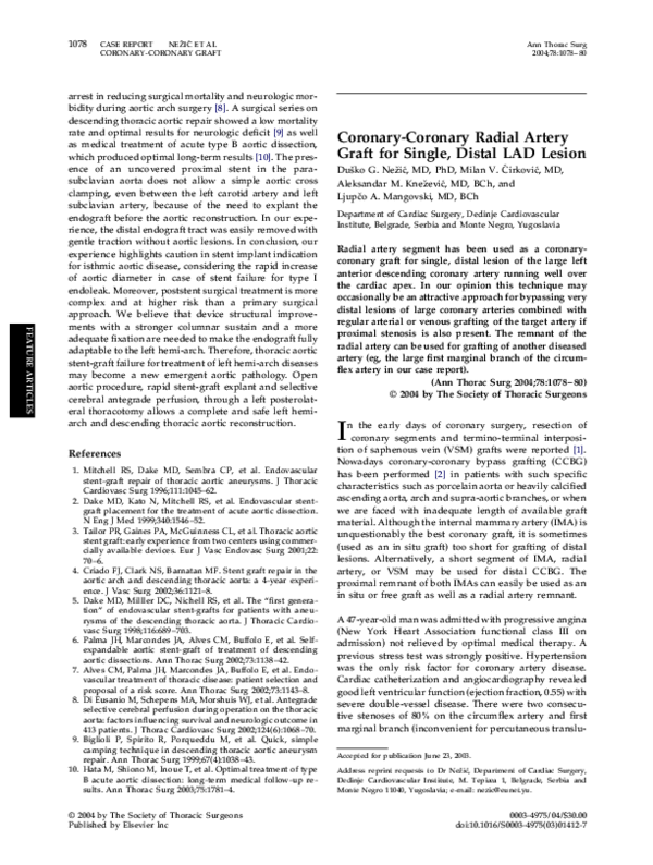 (PDF) Coronary-coronary radial artery graft for single, distal LAD lesion