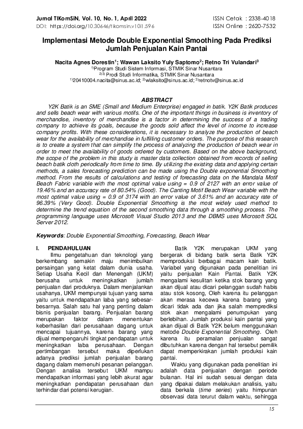 (PDF) Implementasi Metode Double Exponential Smoothing pada Prediksi Jumlah Penjualan Kain Pantai