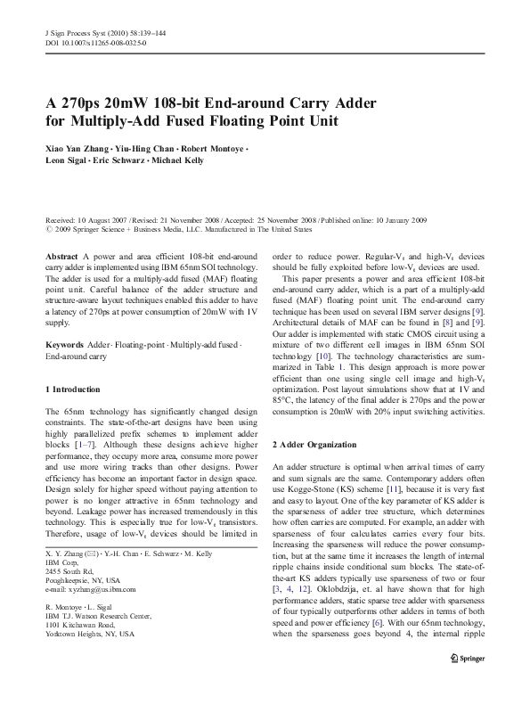 (PDF) A 270ps 20mW 108-bit End-around Carry Adder for Multiply-Add ...