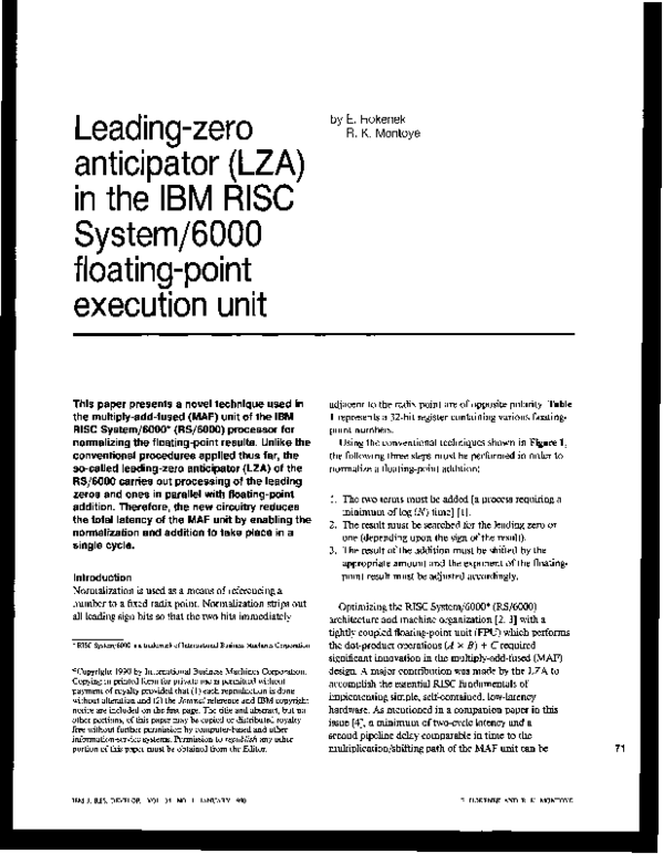 (PDF) Leading-zero anticipator (LZA) in the IBM RISC System/6000 floating-point execution unit
