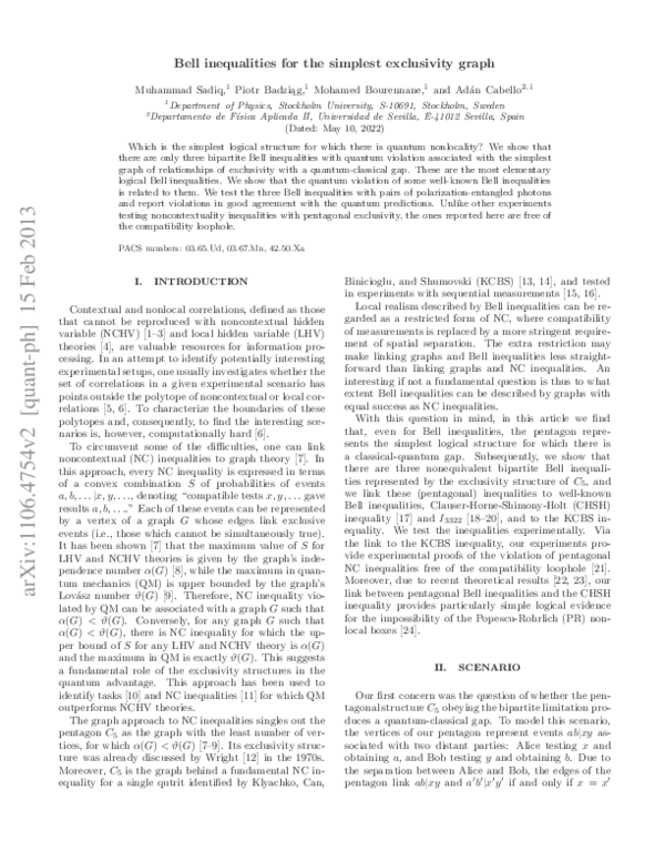 (PDF) Bell inequalities for the simplest exclusivity graph | Piotr ...
