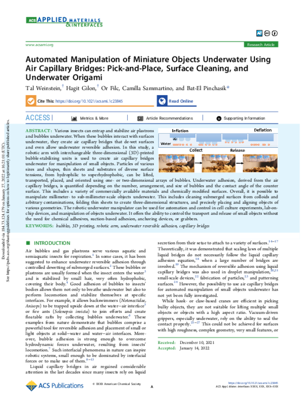 (PDF) Automated Manipulation of Miniature Objects Underwater Using Air Capillary Bridges: Pick ...