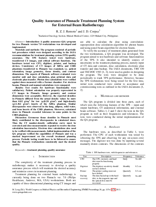 (PDF) Quality Assurance of Pinnacle Treatment Planning System for ...