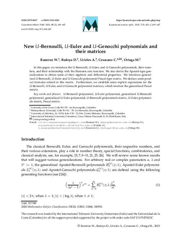 (PDF) New $U$-Bernoulli, $U$-Euler and $U$-Genocchi polynomials and their matrices