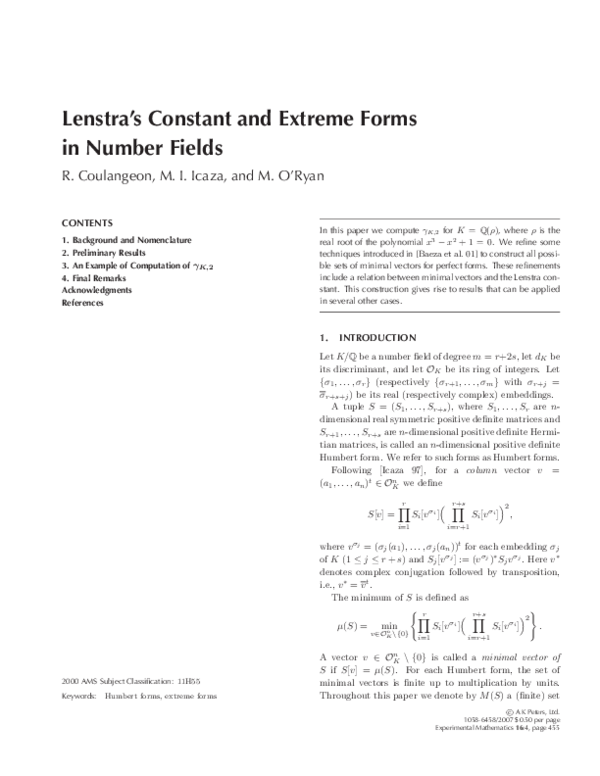 (PDF) Lenstra's Constant and Extreme Forms in Number Fields