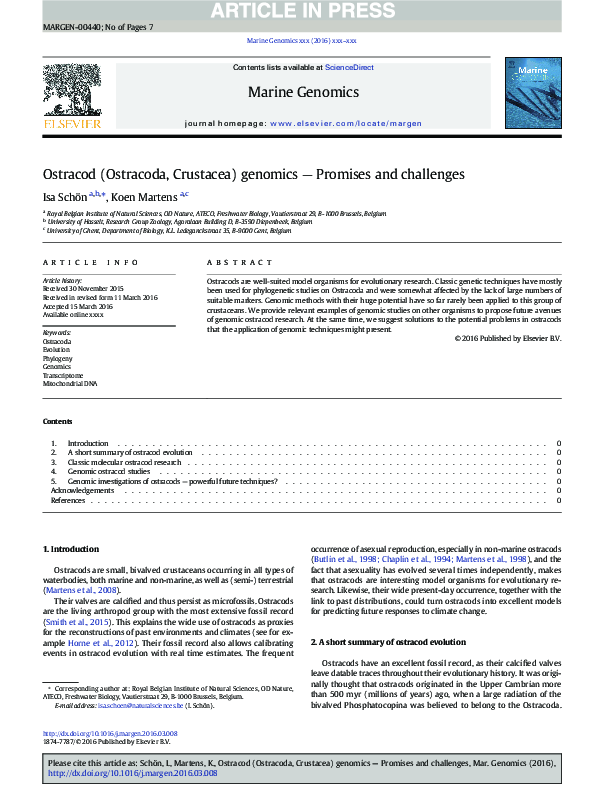 (PDF) Ostracod (Ostracoda, Crustacea) genomics — Promises and challenges