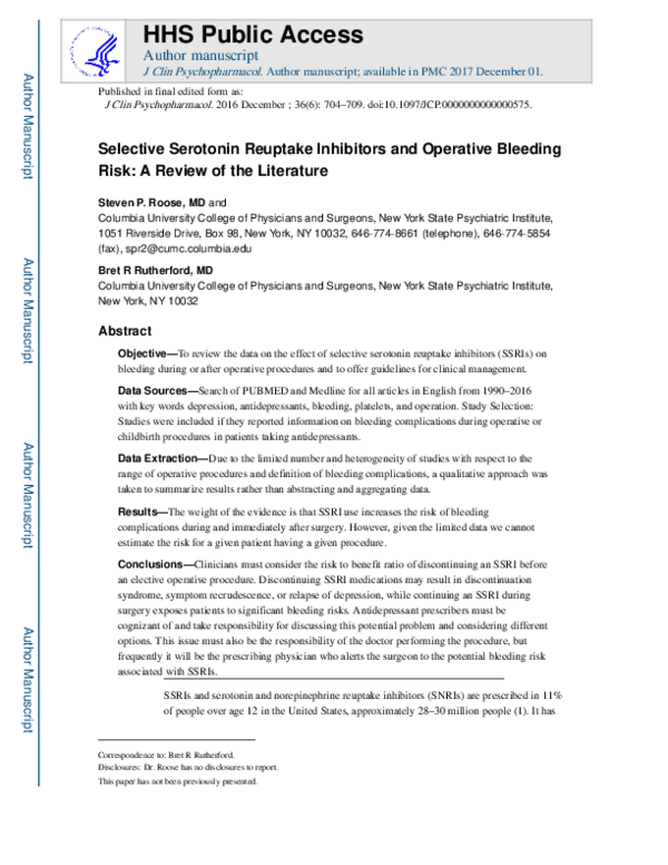 (PDF) Selective Serotonin Reuptake Inhibitors and Operative Bleeding Risk