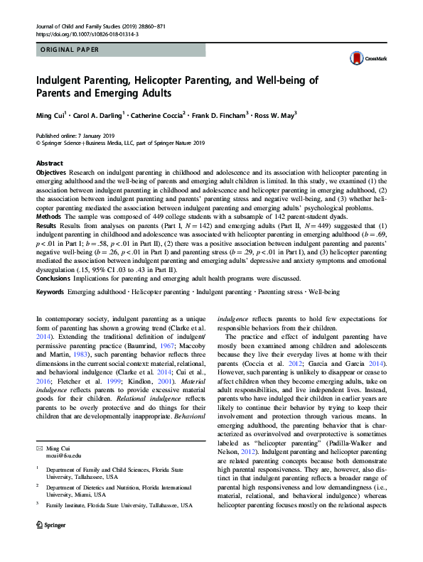 (PDF) Indulgent Parenting, Helicopter Parenting, and Well-being of Parents and Emerging Adults
