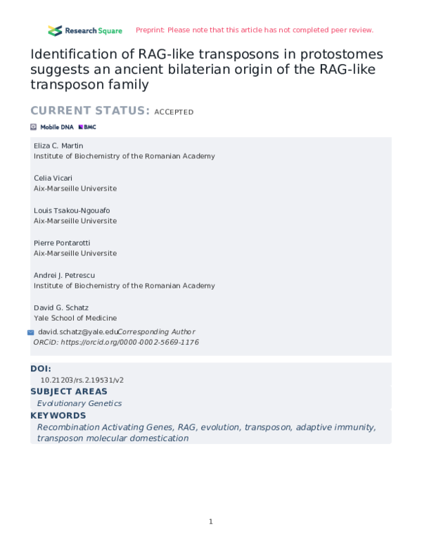 (PDF) Identification of RAG-like transposons in protostomes suggests an ...