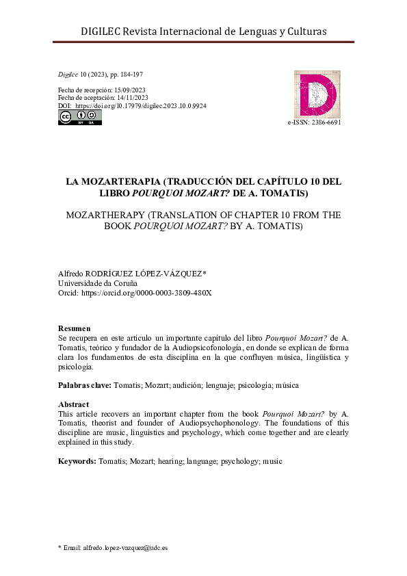 (PDF) Mozart, el oído, y Tomatis. Traducción del cap. X de "Pourquoi Mozart?"