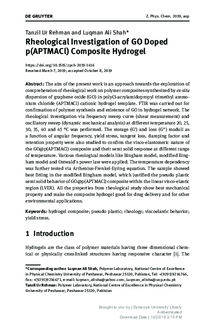 (PDF) Rheological Investigation of GO Doped p(APTMACl) Composite Hydrogel