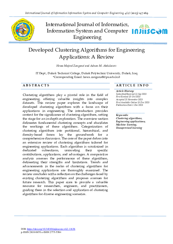 (PDF) Developed Clustering Algorithms for Engineering Applications: A Review