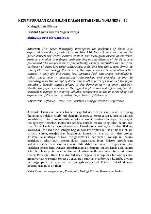 (DOC) KESEMPURNAAN KASIH ILAHI DALAM KITAB INJIL: YOHANES 3 : 16