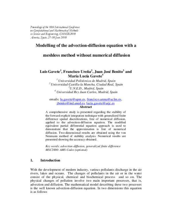 (PDF) Modelling of the advection–diffusion equation with a meshless method without numerical ...