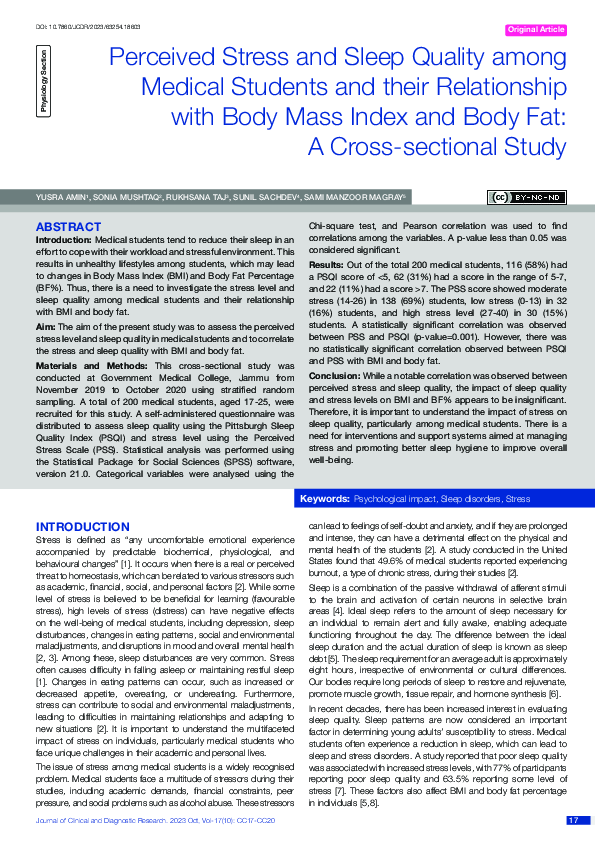 (PDF) Perceived Stress and Sleep Quality among Medical Students and their Relationship with Body ...