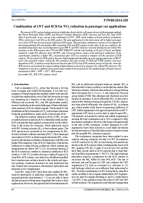(PDF) Combination of LNT and SCR for NOx reduction in passenger car ...