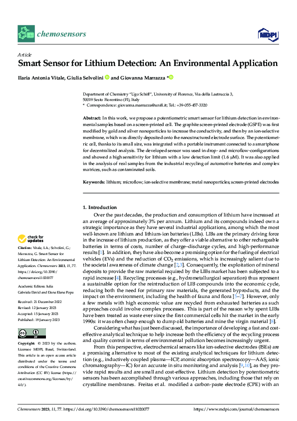 (PDF) Smart Sensor for Lithium Detection: An Environmental Application | Giovanna Marrazza ...