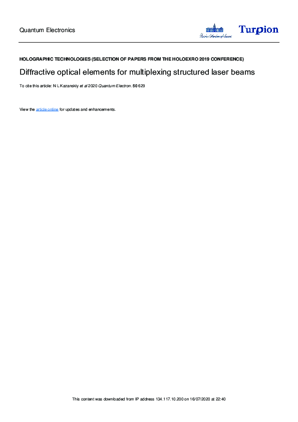 (PDF) Diffractive optical elements for multiplexing structured laser beams