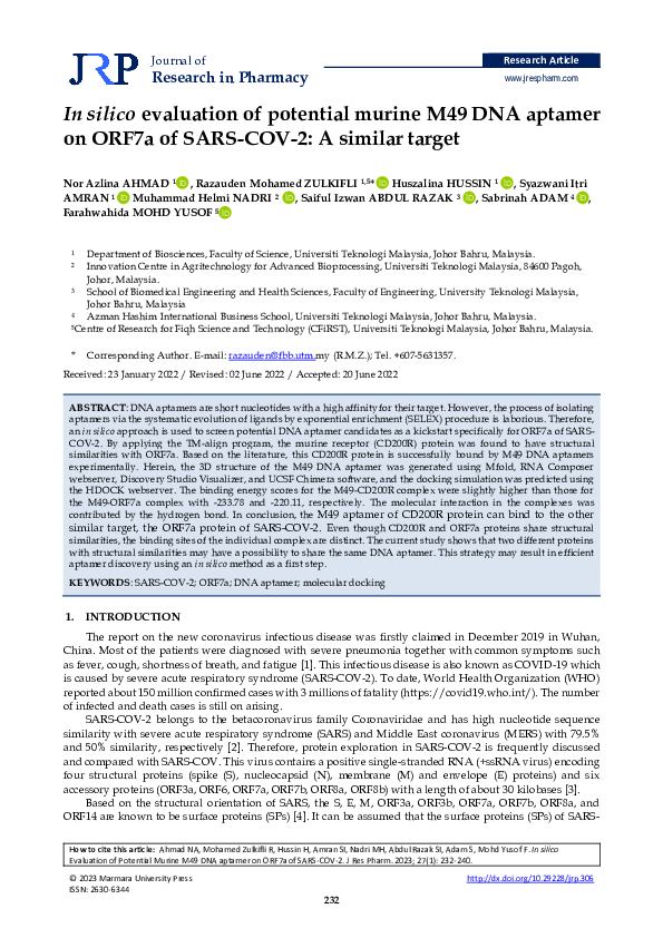 (PDF) In silico evaluation of potential murine M49 DNA aptamer on ORF7a ...