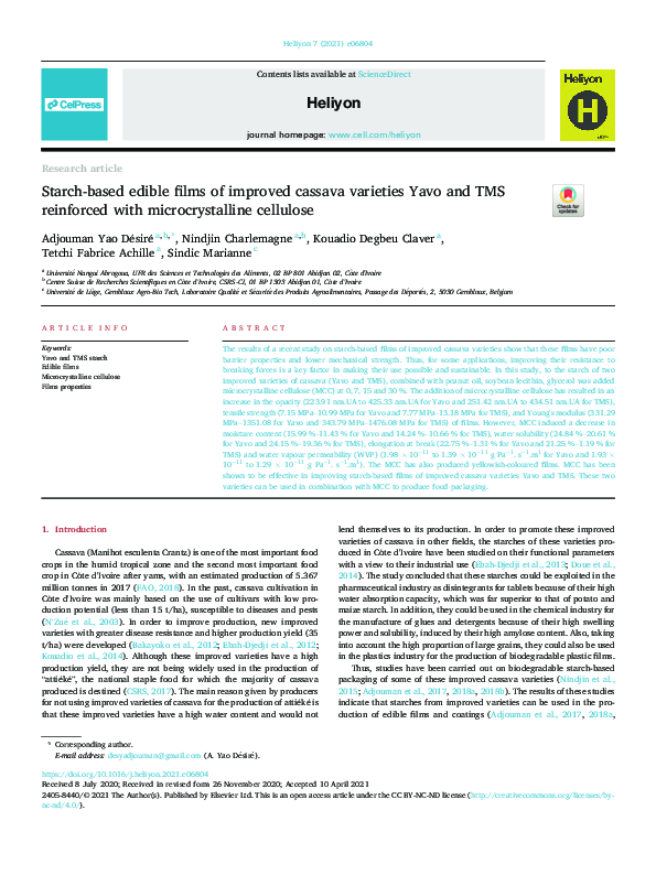 (PDF) Starch-based edible films of improved cassava varieties Yavo and ...