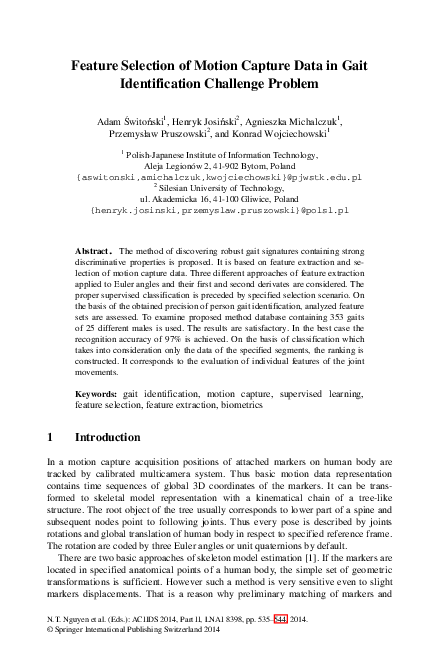 (PDF) Feature Selection of Motion Capture Data in Gait Identification Challenge Problem