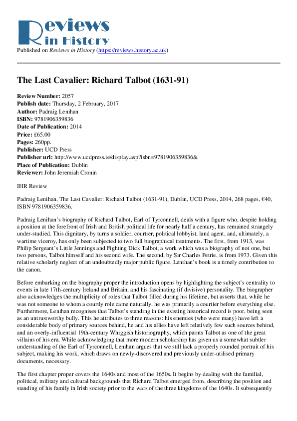 (PDF) The Last Cavalier: Richard Talbot (1631-91)
