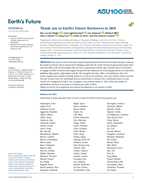 (PDF) Thank you to Earth's Future Reviewers in 2018