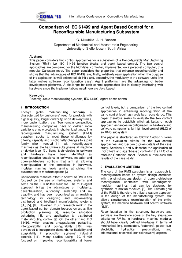(PDF) Comparison of IEC 61499 and Agent Based Control for a Reconfigurable Manufacturing Subsystem