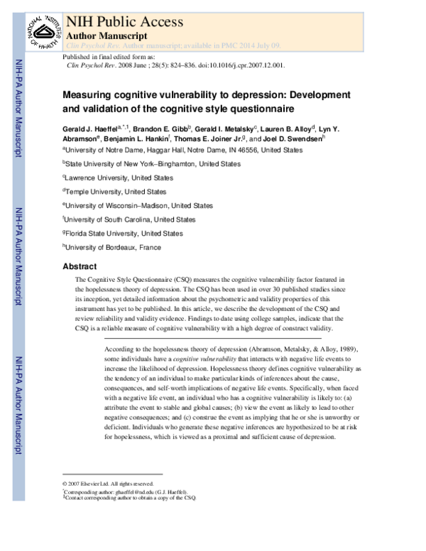 (PDF) Measuring cognitive vulnerability to depression: Development and validation of the ...