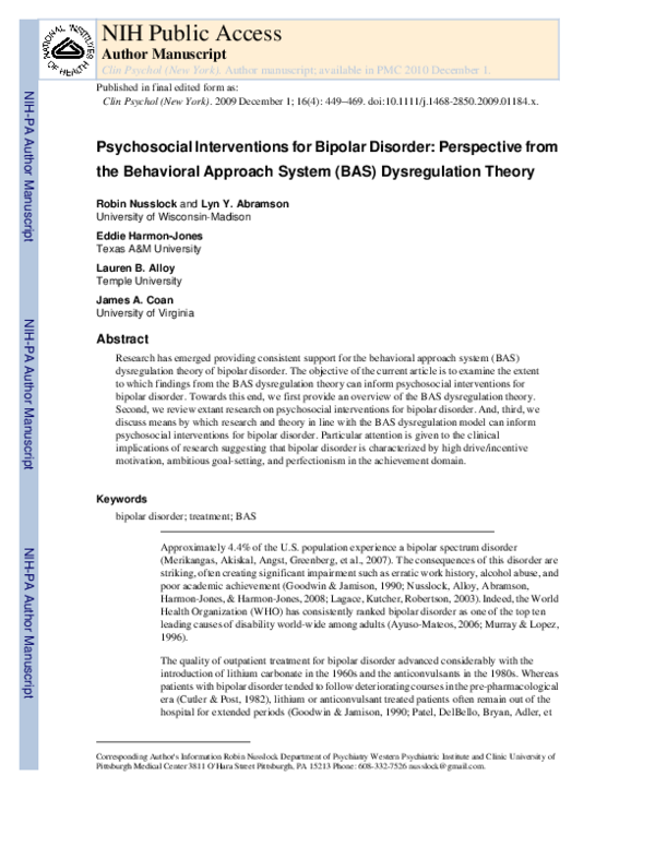 (PDF) Psychosocial interventions for bipolar disorder: Perspective from ...