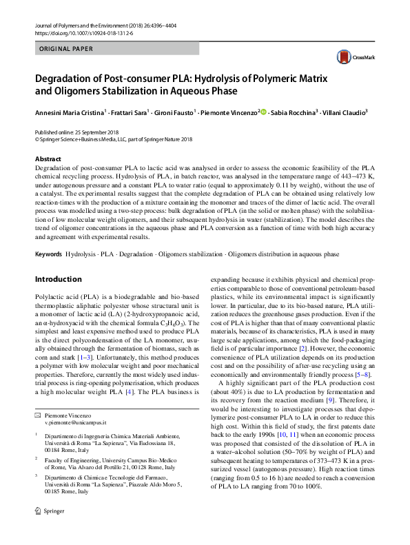 (PDF) PLA Degradation: Hydrolysis and Oligomer Stability