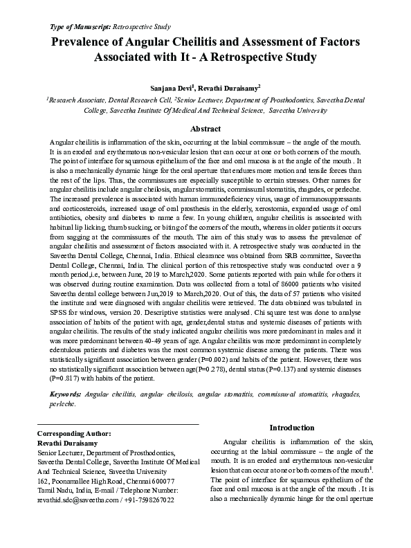(PDF) Prevalence of Angular Cheilitis and Assessment of Factors Associated with It - A ...