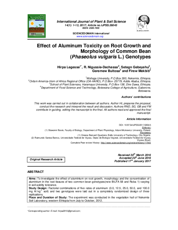 (PDF) Effect of Aluminum Toxicity on Root Growth and Morphology of Common Bean (Phaseolus ...