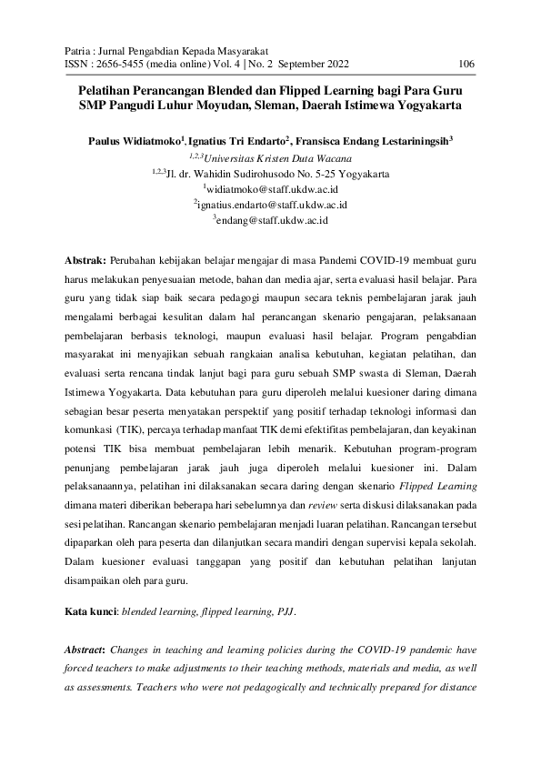 (PDF) Pelatihan Perancangan Blended dan Flipped Learning bagi Para Guru SMP Pangudi Luhur ...