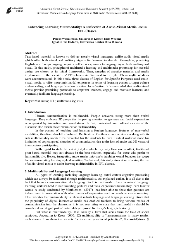 (PDF) Enhancing Learning Multimodality: A Reflection of Audio-Visual Media Use in EFL Classes