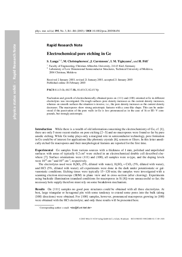 (PDF) Electrochemical pore etching in Ge