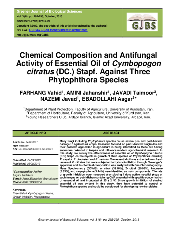 (PDF) Chemical Composition and Antifungal Activity of Essential Oil of Cymbopogon citratus (DC ...