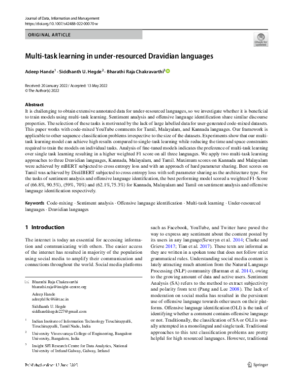 (PDF) Multi-task learning in under-resourced Dravidian languages